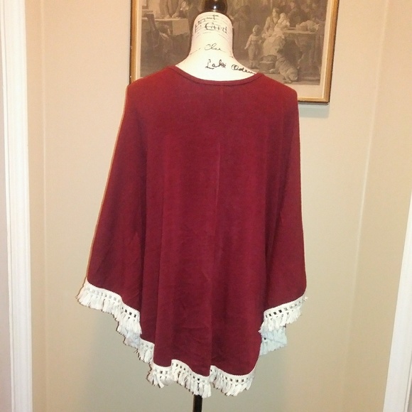 entro | Sweaters | Entro Embroidered Maroon Western Fringe Poncho ...
